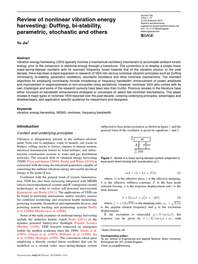 Nonlinear Vibration Energy Harvesting | PDF | Oscillation | Resonance