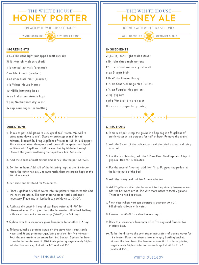 Homebrewers' White House Ale Recipe | PDF | Homebrewing | Hops
