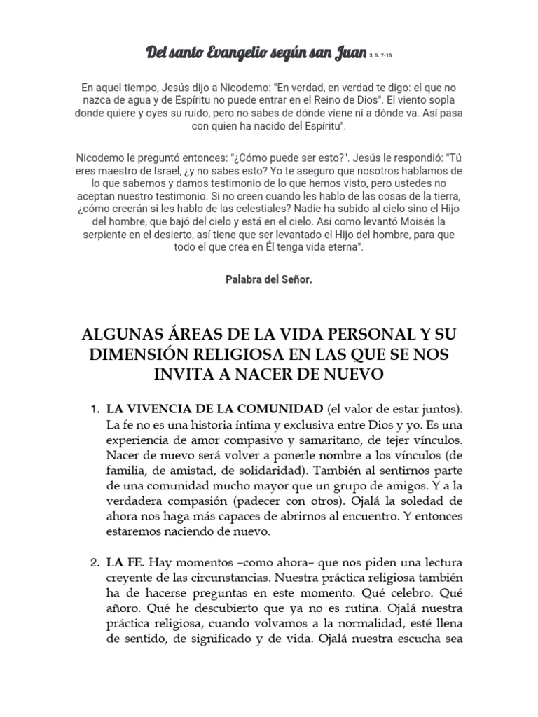 Algunas Areas de La Vida Personal y Su Dimension Religiosa en Las Que Se Nos Invita A Nacer de ...