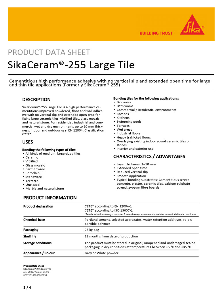 SikaCeram®-255 Large Tile Adhesive Guide | PDF | Tile | Adhesive