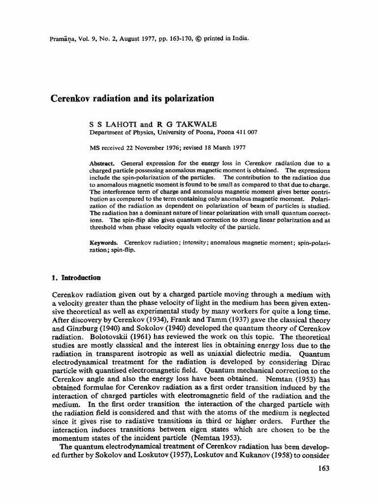 Cerenkov Radiation and Its Polarization: S S R G | PDF ...