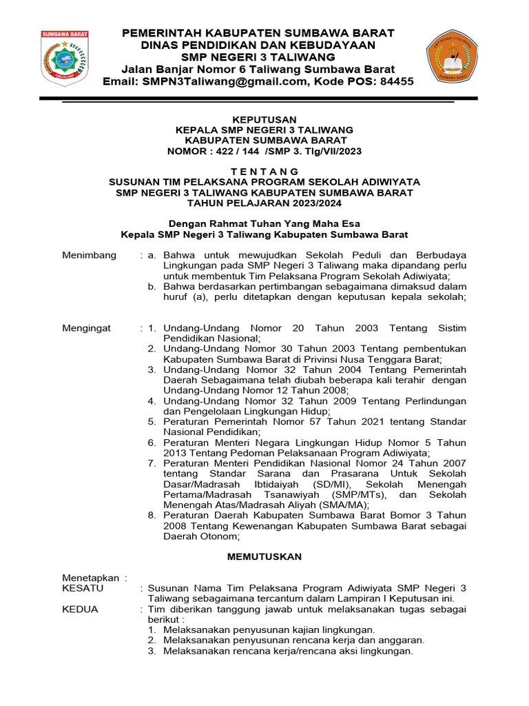 SK - Tim Adiwiyata SMP 3 TLG 2023-2024 | PDF