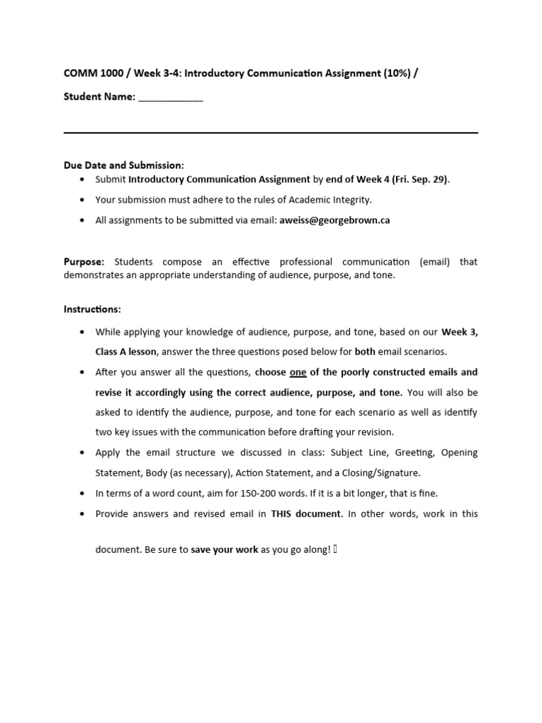 COMM 1000 / Week 3-4: Introductory Communication Assignment (10% ...