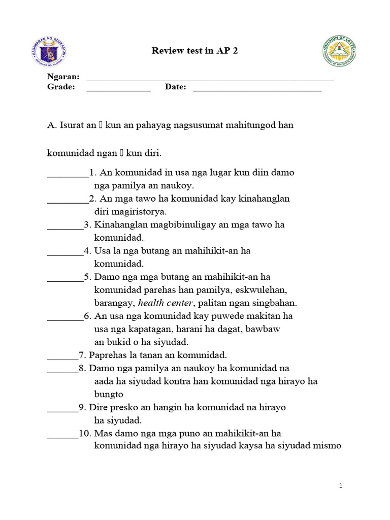 1st Quarter-Review Test in AP 2 2020-2021 | PDF