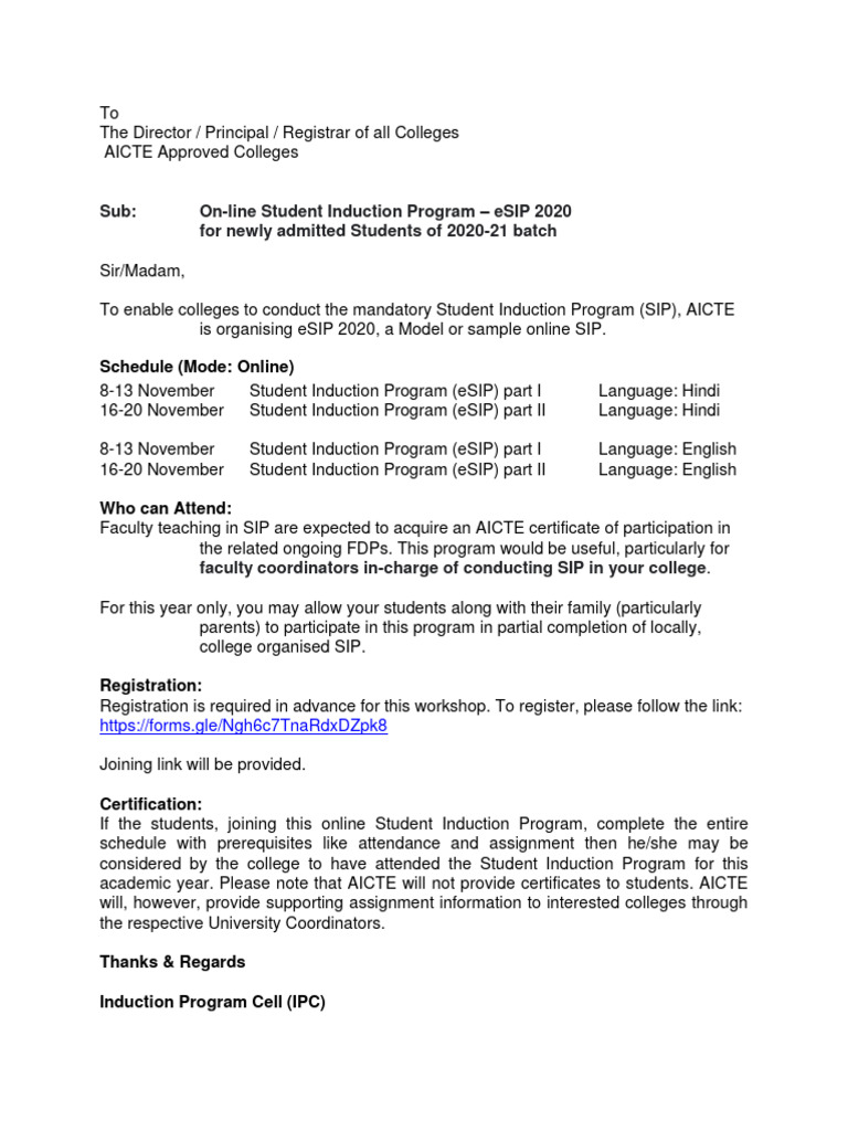 Invitation Letter For Sip For Students | PDF | Cognition