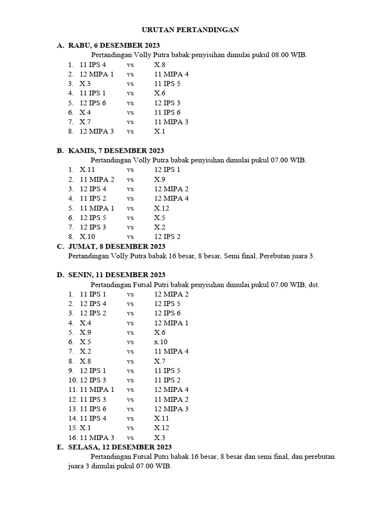 Urutan Pertandingan Porak 2023 | PDF