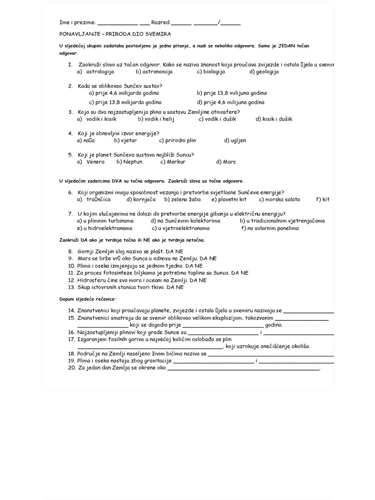 Ponavljanje - Priroda 1. Cjelina, 6r - PDF | PDF