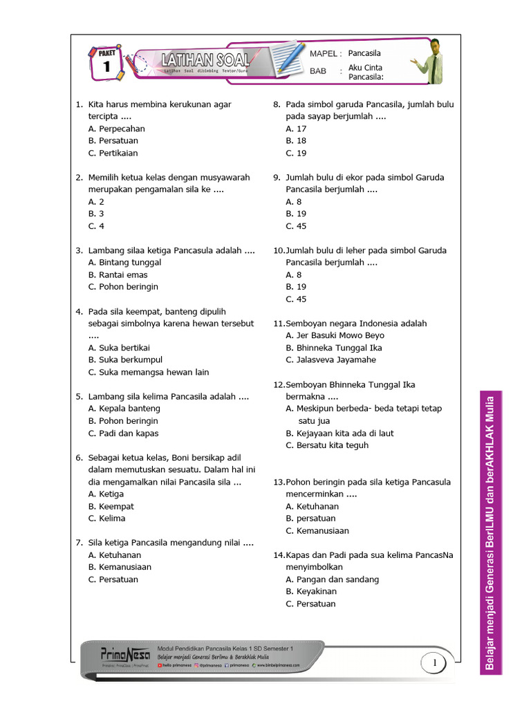 1 Latihan Soal 1 Aku Cinta Pancasila 1 SD Kur Merdeka | PDF