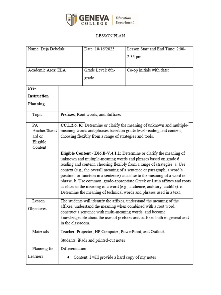 Edu 415 Lesson Plan Chart Template 1 2 | PDF | Word | Lesson Plan