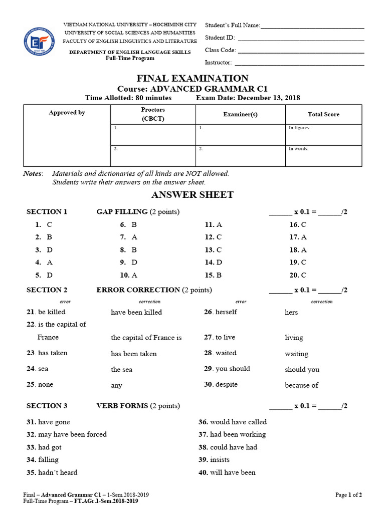 Actual 3 - KEY Advanced Grammar Test | PDF | Grammar | Human Communication