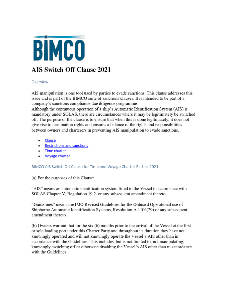 BIMCO AIS Switch Off Clause 2021 | PDF | Breach Of Contract | Private Law