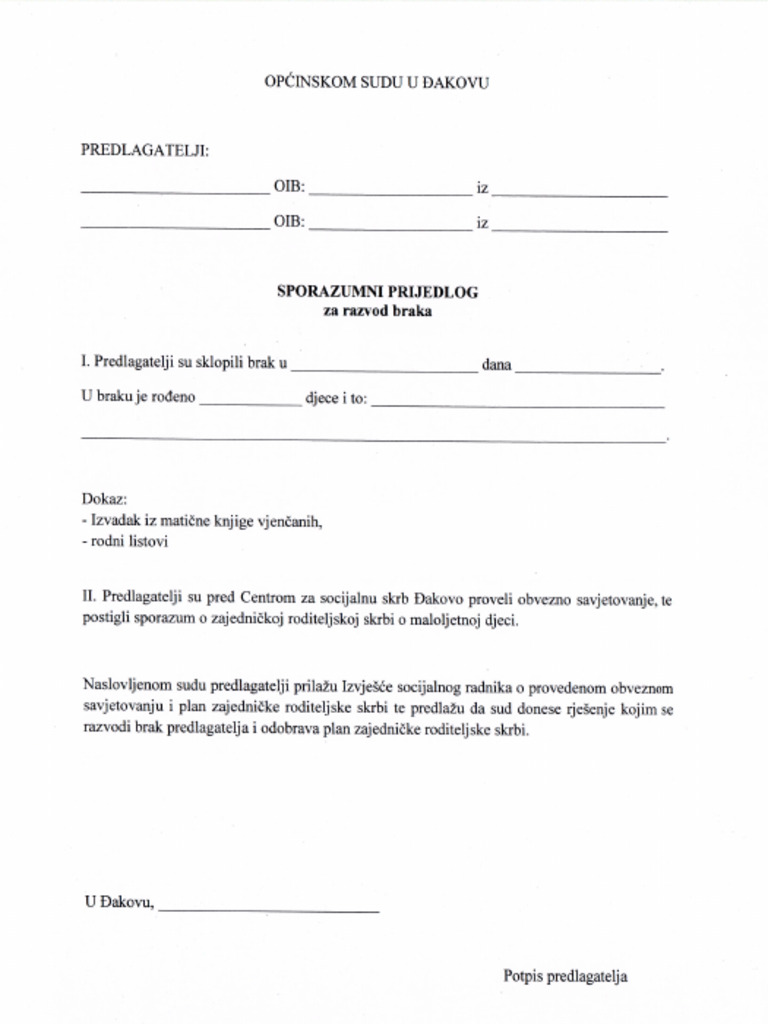 Prijedlog Za Sporazumni Razvod Braka | PDF