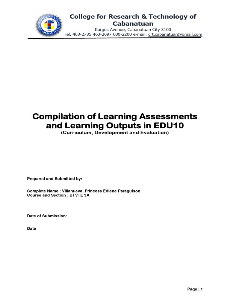 Compilation of Learning Assessments and Learning Outputs in EDU10 | PDF ...