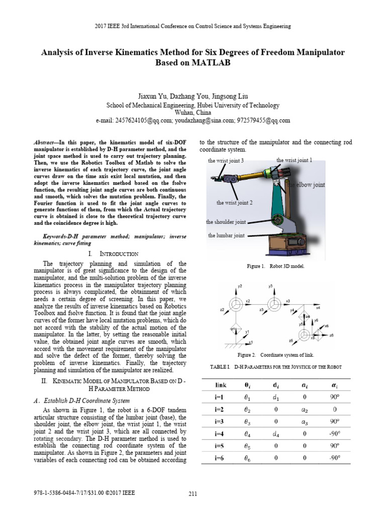 Analysis Of Inverse Kinematics Method For Six Degrees Of Freedom Manipulator Pdf Kinematics 