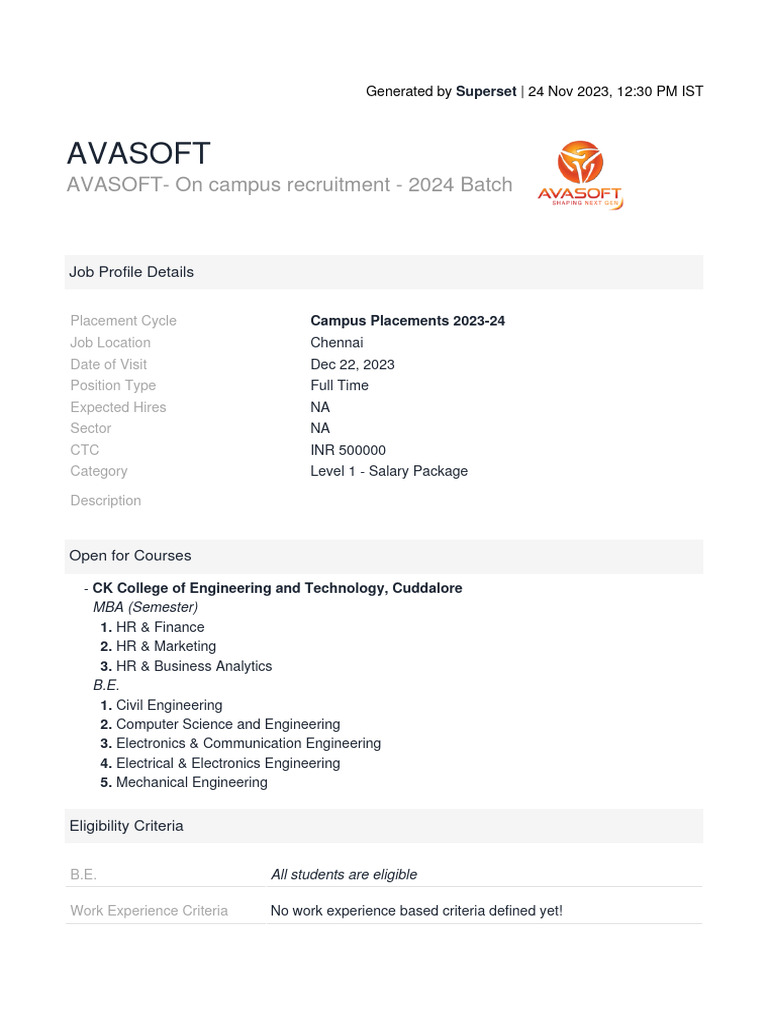 Avasoft 2024 Campus Recruitment Details | PDF