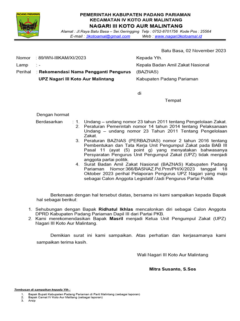 Surat Rekomendasi Pengganti Pengurus Upz | PDF Surat Rekomendasi Pengganti Pengurus Upz | PDF