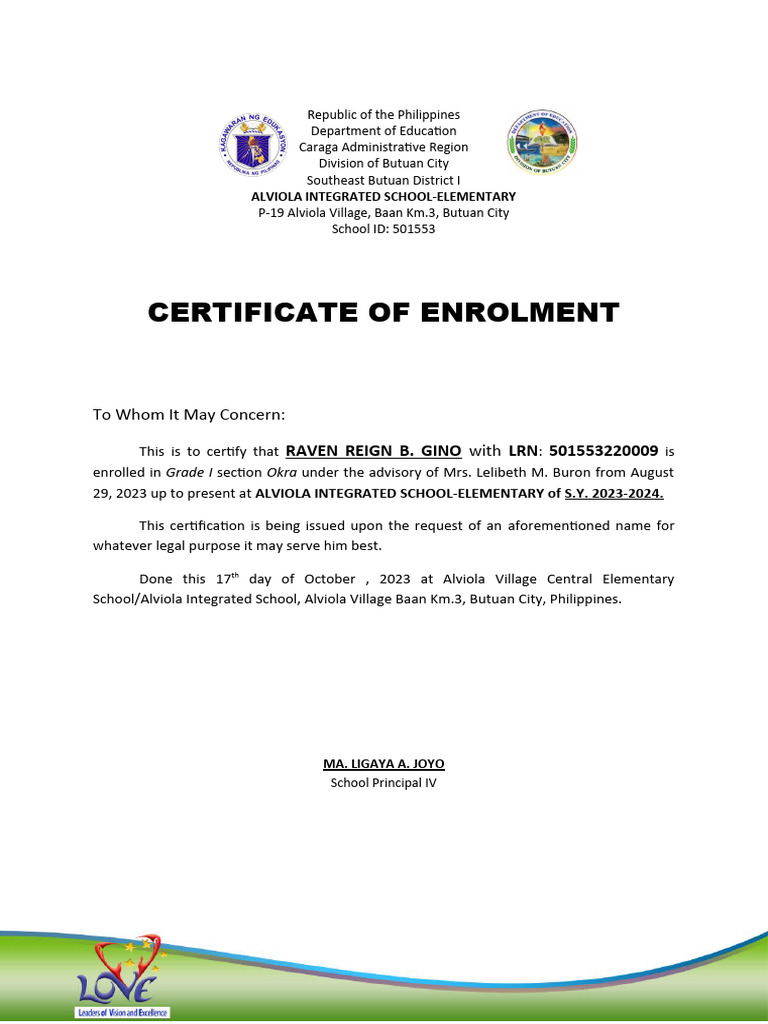 Certificate of Enrollment - Alviola School | PDF | Governance | Government