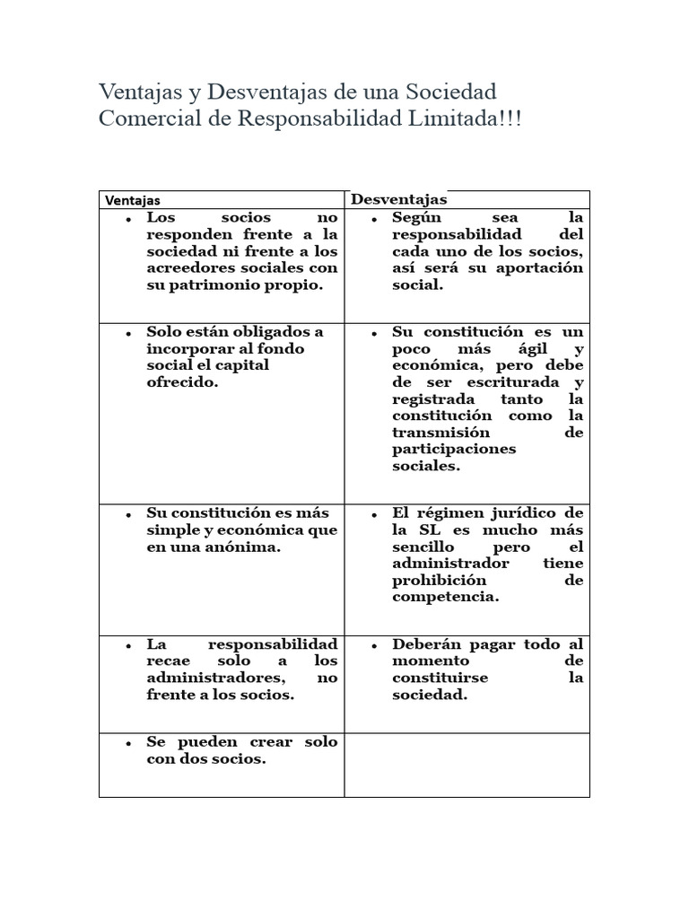 Ventajas y Desventajas de Una Sociedad Comercial de Responsabilidad Limitada | PDF | Business ...