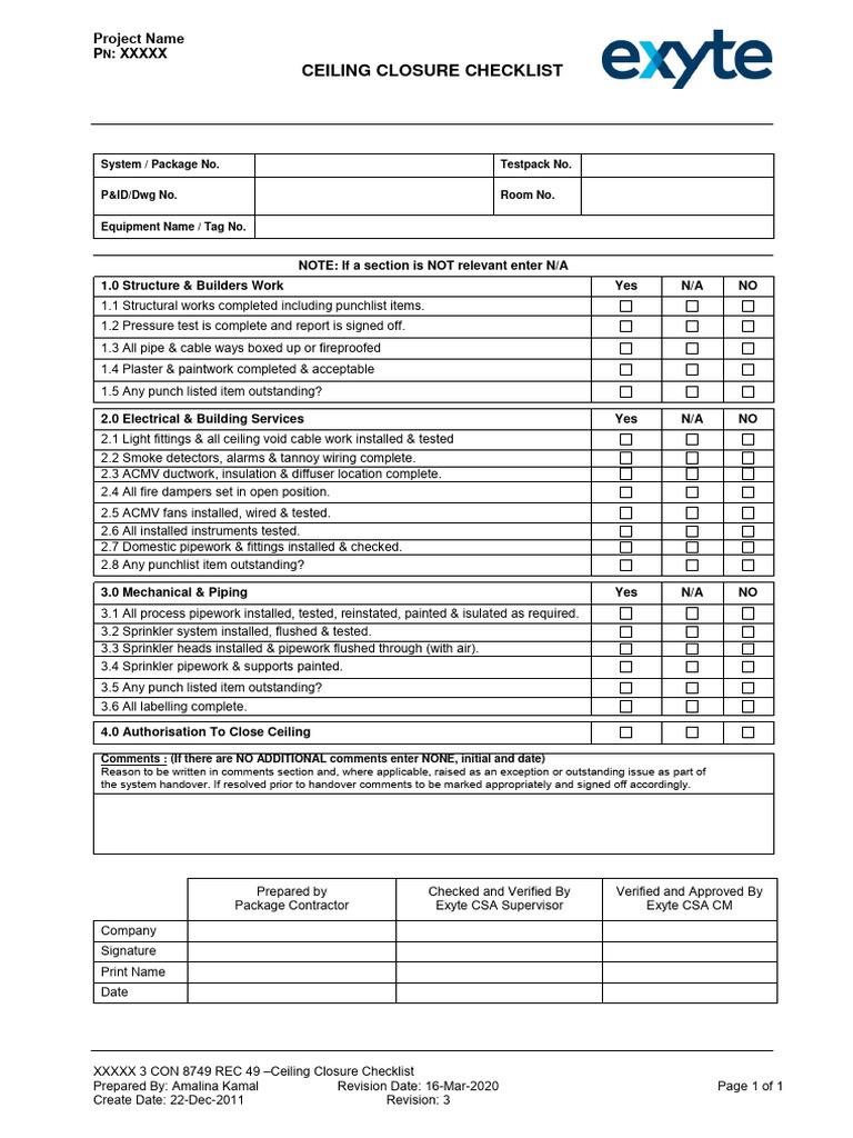 MECH REC49 Ceiling Closure Checklist | PDF | Fire Sprinkler System ...