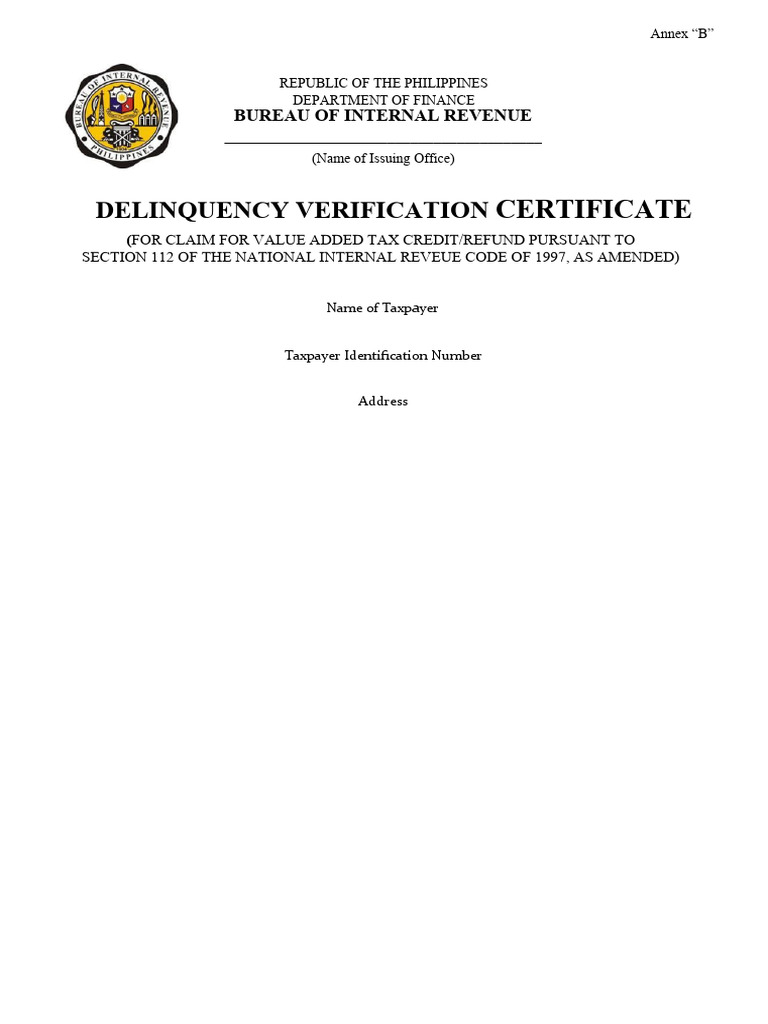 Annex B - Delinquency Verification Certificate 1 Corrected | PDF