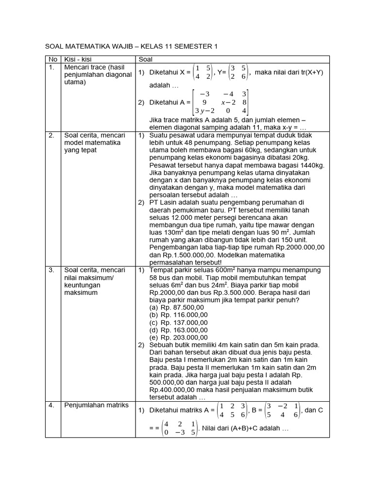 LATIHAN SOAL MATEMATIKA WAJIB KELAS 11 SEMESTER 1 | PDF