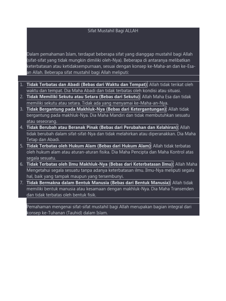 Sifat Mustahil Bagi Allah dalam Islam | PDF