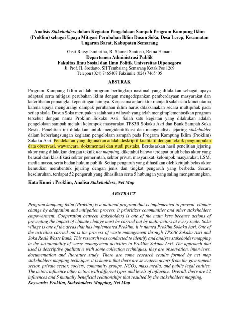 Analisis Pemangku Kepentingan Proklim Soka | PDF
