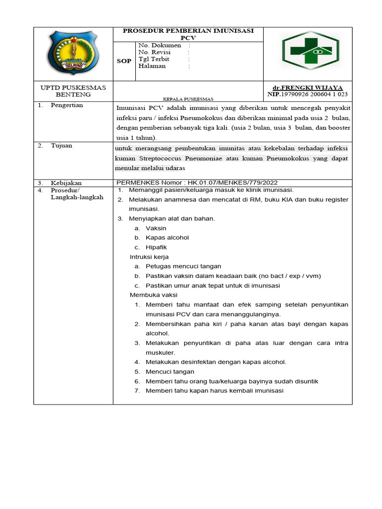 Prosedur Imunisasi Vaksin PCV | PDF