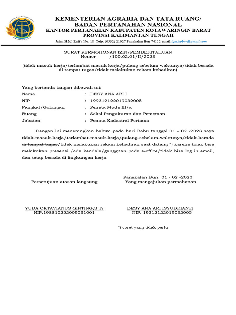 Surat Permohonan Izin Tidak Masuk Kerja | PDF