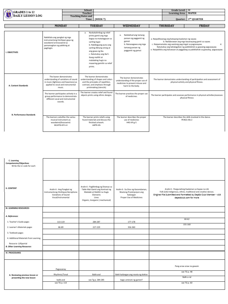 DLL - Mapeh 4 - Q3 - W7 | PDF