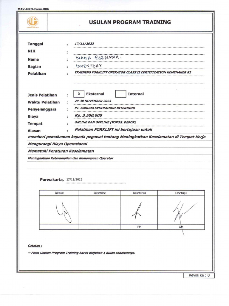 Form Usulan Training Operator Forklift | PDF