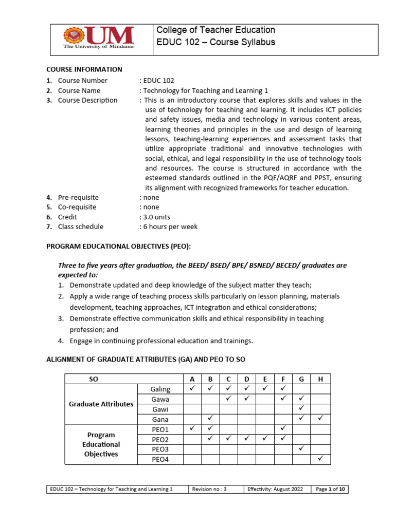 3EDUC 102 - SYLLABUS. (BASED ON NEW BOOK AND SIM) Docx 3 | PDF | Educational Technology ...