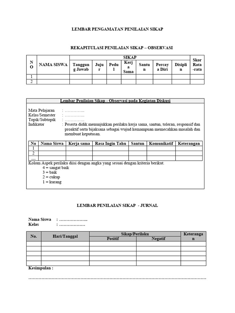 Lembar Penilaian Sikap Kelas 8 | PDF