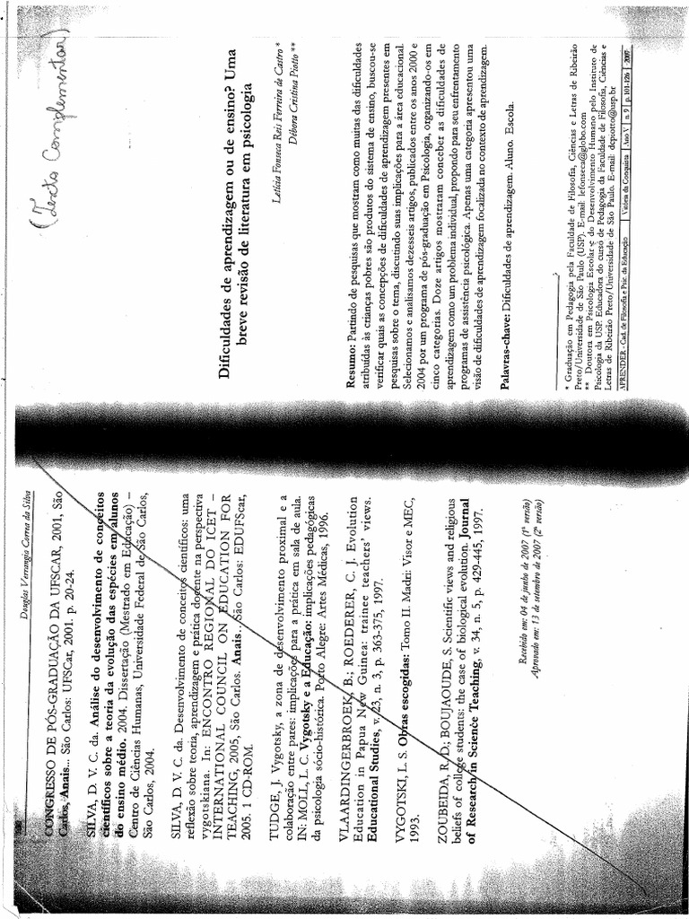 Texto Complementar - CASTRO&PIOTTO - Dificuldades de Aprendizagem Ou de Ensino | PDF