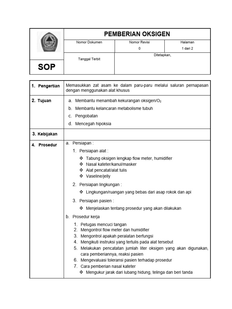 SOP PEMBERIAN OKSIGEN | PDF