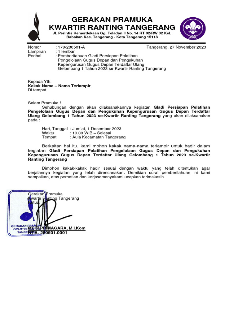 Surat Pemberitahuan Gladi Persiapan Pelatihan Pengelolaan Gudep Dan ...