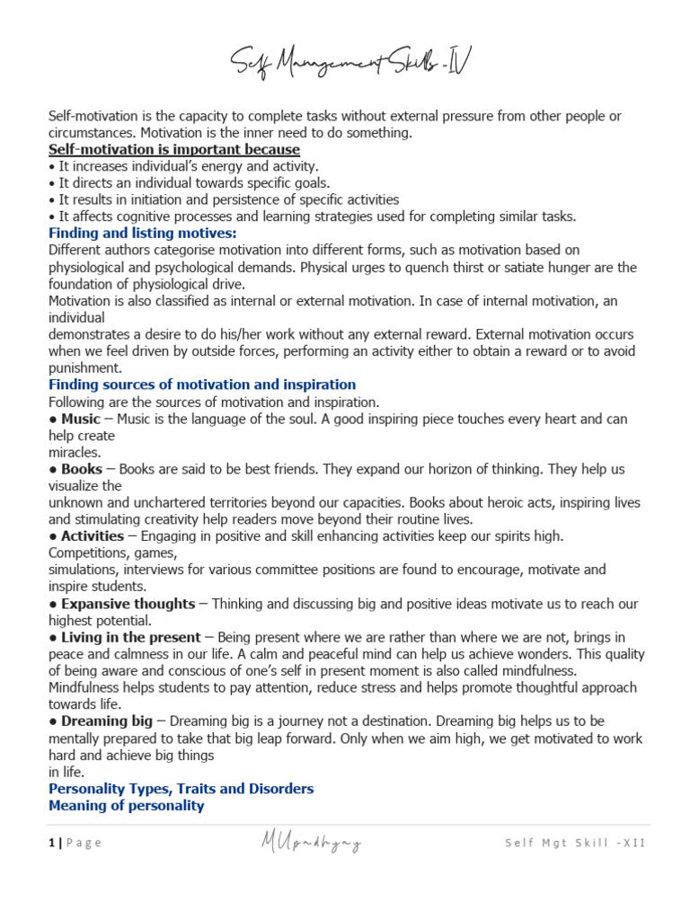 Self Management Skills-XII | PDF | Motivational | Motivation