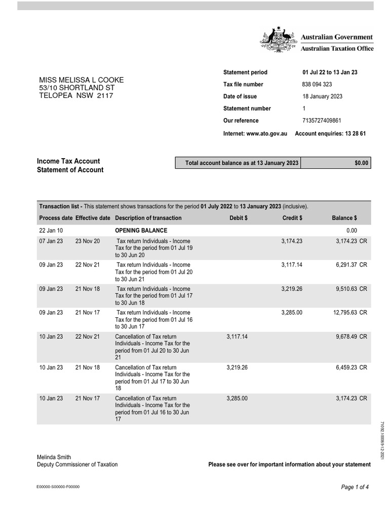 Income Tax Account Statement of Account: Miss Melissa L Cooke 53/10 ...