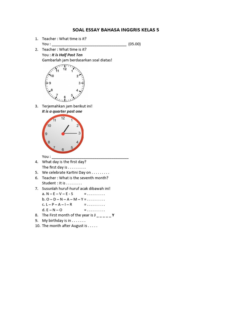Soal Essay Bahasa Inggris Kelas 5 Sd Pdf