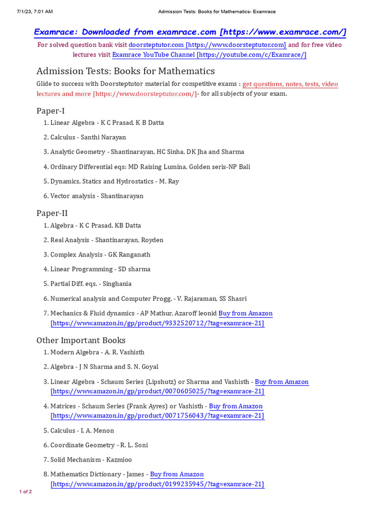 Mathematics Book List | PDF | Mathematical Analysis | Mathematics