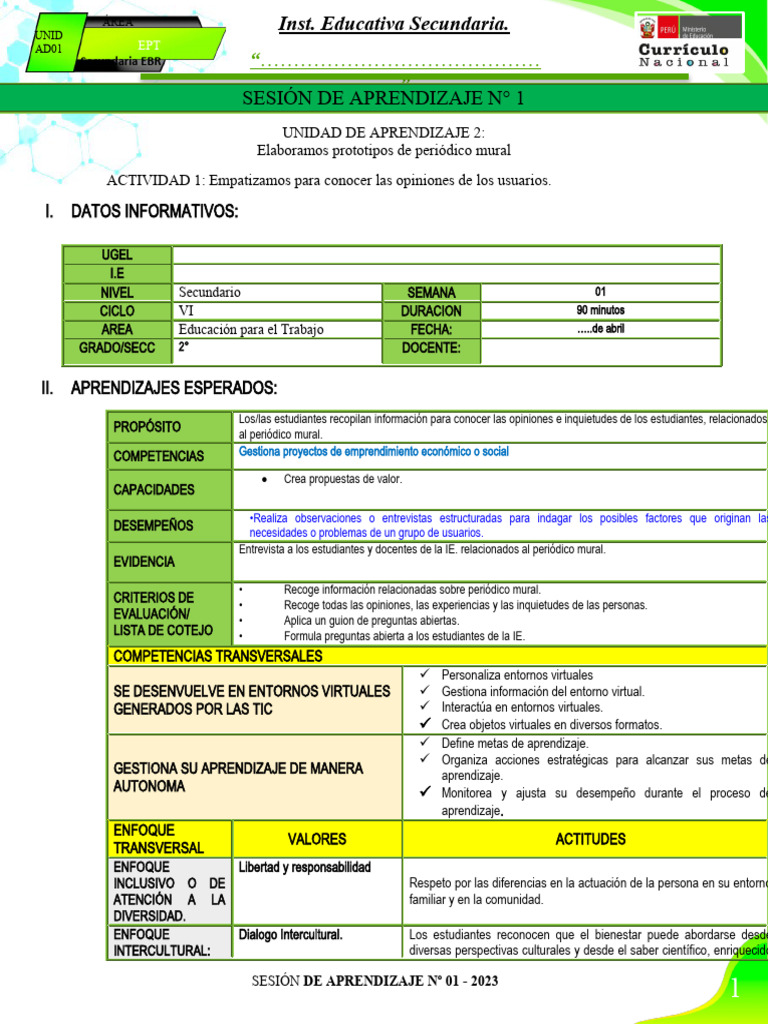 2º ETP-SES.1 -UNI 2- SEM 01 - 2022 | PDF | Maestros | Aprendizaje