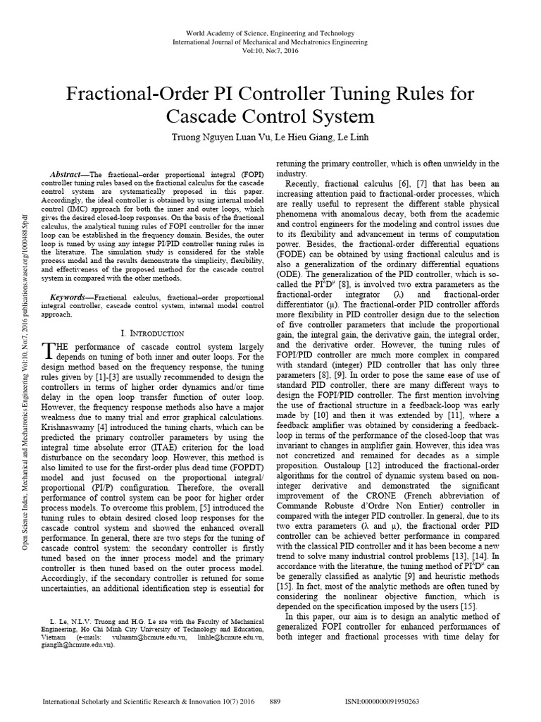Fractional Order Pi Controller Tuning Rules For Cascade Control System Vong Ngoài Pdf