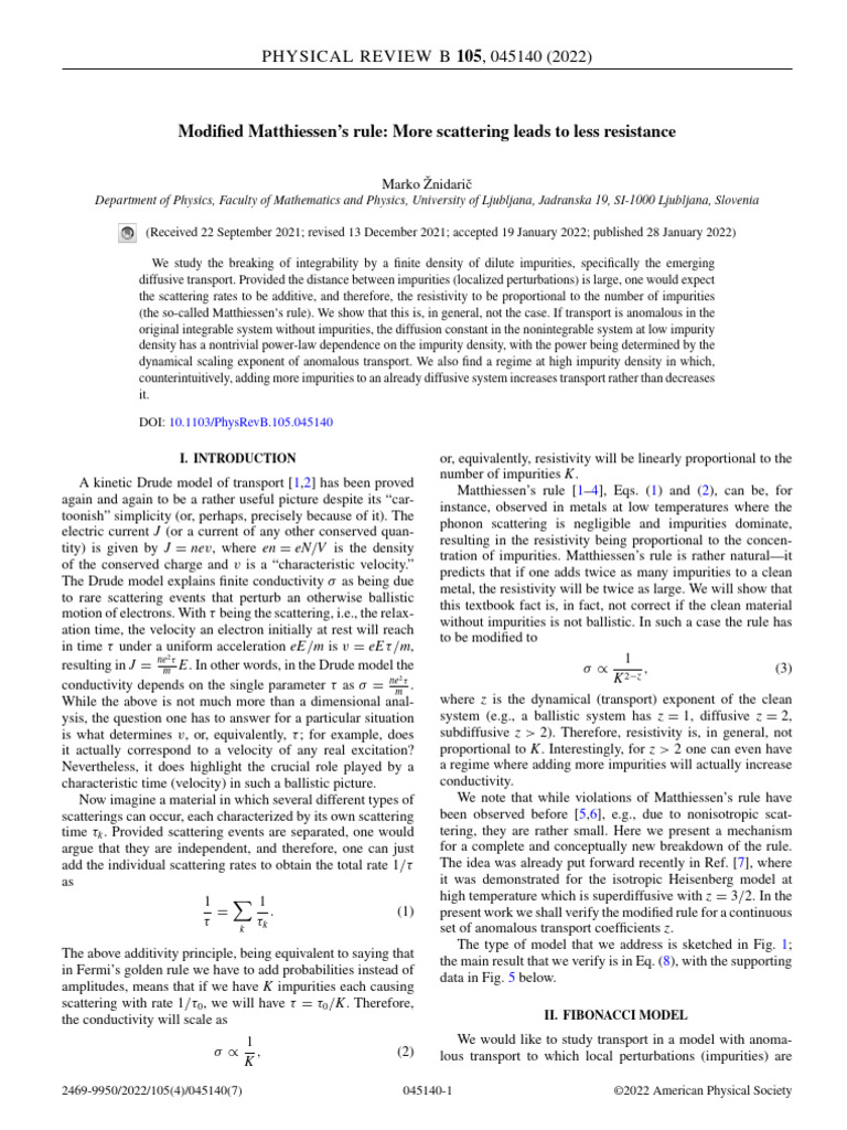 Modified Matthiessen's Rule More Scattering Leads To Less Resistance | PDF | Electrical ...