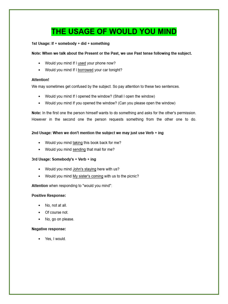 Understanding "Would You Mind" Usage | PDF | Subject (Grammar) | Languages