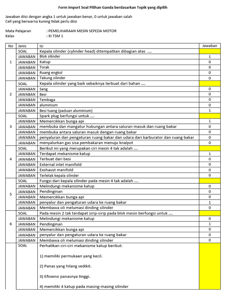 SOAL PEMELIHARAAN MESIN SEPEDA MOTOR-PTS GANJIL 2023 KELAS XI TSM1-Fix | PDF