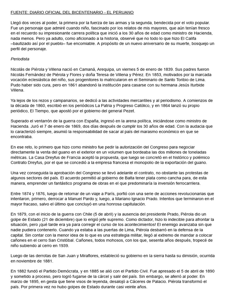 Nicolás de Piérola: Vida y Legado | PDF | Perú