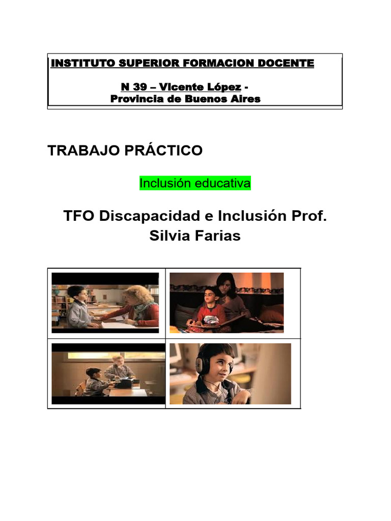TRABAJO PRACTICO TFO Inclusión educativa | PDF | Enseñando | Salón de clases
