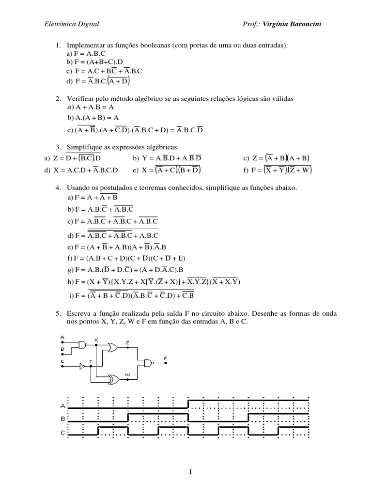 Lista de Exercicios de Algebra Booleana | PDF | Eletrônicos digitais | Matemática aplicada