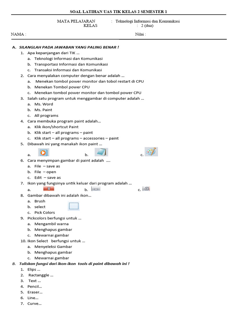 Soal Latihan Uas Tik Kelas 2 Semester 1 | PDF