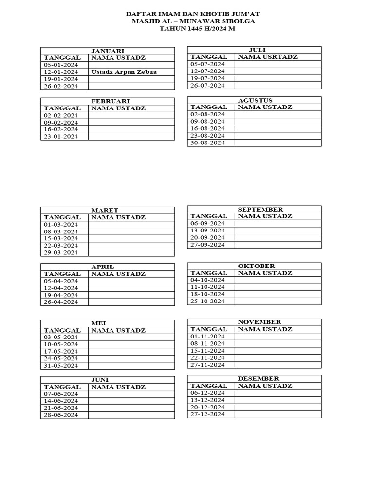 Daftar Imam Dan Khotib Jum'at 2024 | PDF
